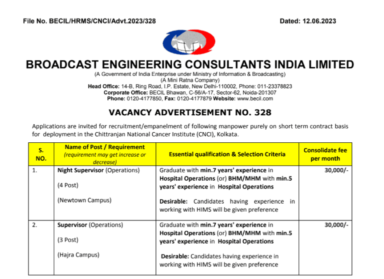 BECIL Jobs Notification 2023 For 7 Posts | Freshers Job Alert